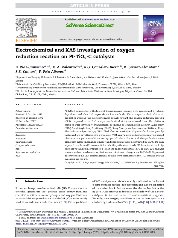 (PDF) Electrochemical and XAS investigation of oxygen reduction reaction on Pt-TiO2-C catalysts