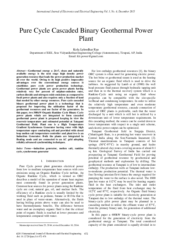 (PDF) Pure Cycle Cascaded Binary Geothermal Power Plant