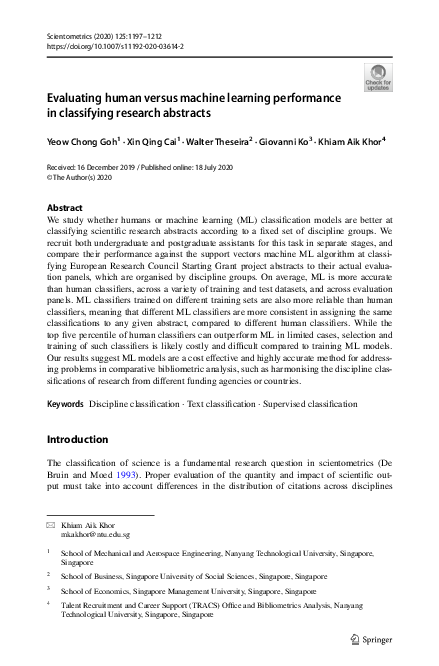 (PDF) Evaluating human versus machine learning performance in classifying research abstracts