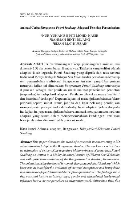 (PDF) Animasi Cerita Bangsawan Puteri Saadong: Adaptasi Teks dan ...