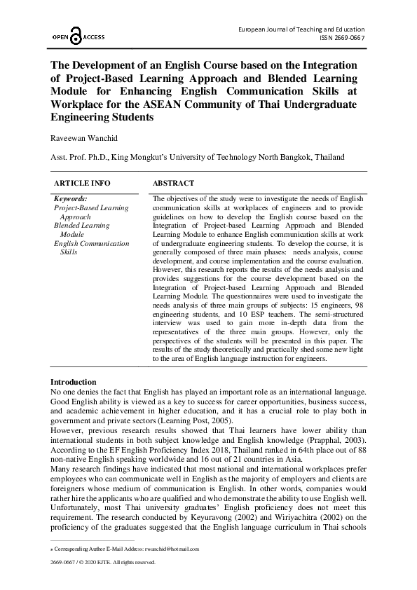 (PDF) The Development of an English Course based on the Integration of Project-Based Learning ...