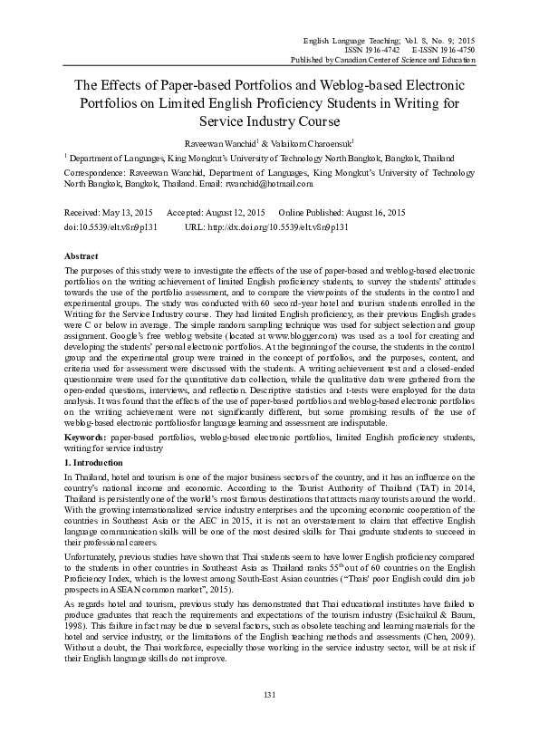 (PDF) The Effects of Paper-based Portfolios and Weblog-based Electronic ...