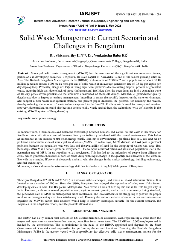 (PDF) Solid Waste Management: Current Scenario and Challenges in Bengaluru