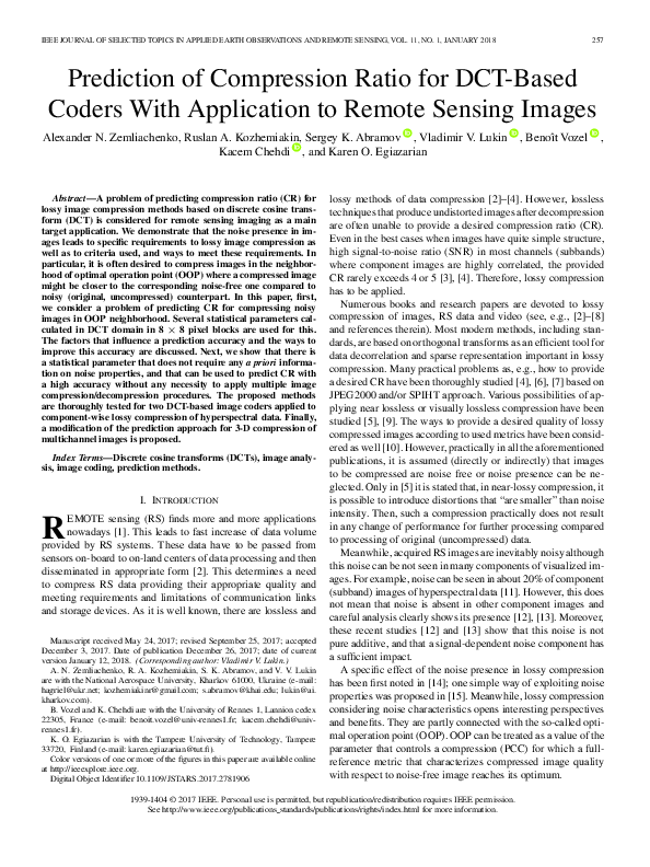 (PDF) Predicting Compression Ratios for DCT-Based Coders in Remote Sensing