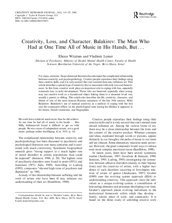 (PDF) Creativity, Loss, and Character. Balakirev: The Man Who Had at ...