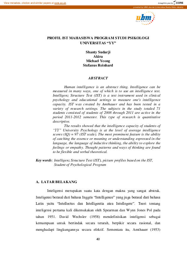 (PDF) Profil Ist Mahasiswa Program Studi Psikologi Universitas “Yy”