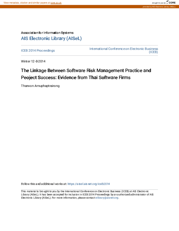 (PDF) The Linkage Between Software Risk Management Practice and Peoject Success: Evidence from ...