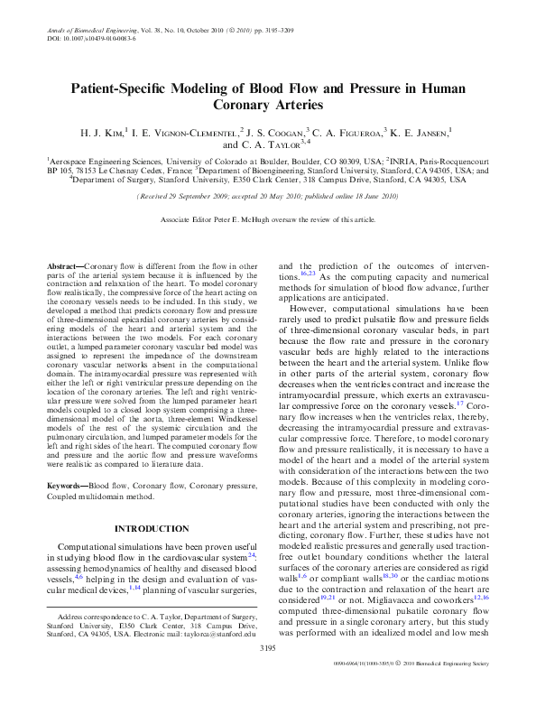 (PDF) Patient-Specific Modeling of Blood Flow and Pressure in Human Coronary Arteries | Charles ...