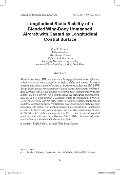 (PDF) Longitudinal static stability of a blended wing-body unmanned aircraft with canard as ...