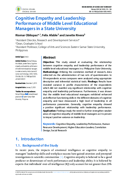 (PDF) Cognitive Empathy and Leadership Performance of Middle Level Educational Managers in a ...