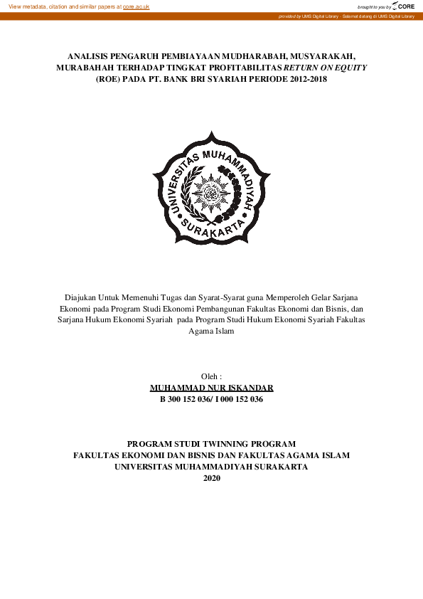 (PDF) Analisis Pengaruh Pembiayaan Mudharabah, Musyarakah, Murabahah Terhadap Tingkat ...