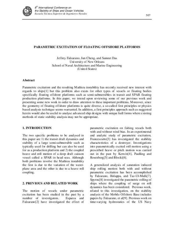 Pdf Parametric Excitation Of Floating Offshore Platforms Jeffrey Falzarano