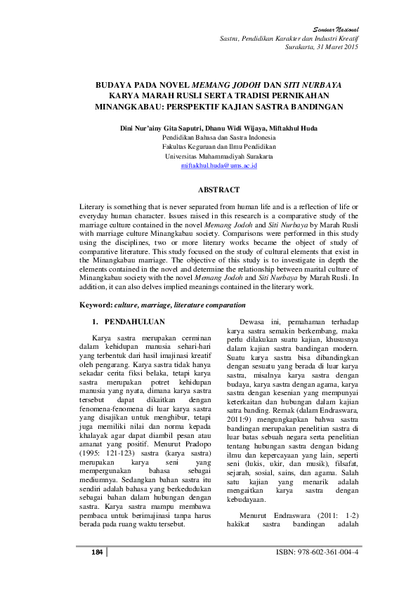 (PDF) Budaya Pada Novel Memang Jodoh dan Siti Nurbaya Karya Marah Rusli Serta Tradisi Pernikahan ...