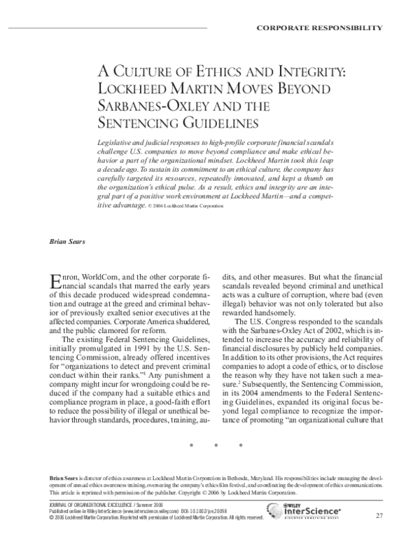 (PDF) A culture of ethics and integrity: Lockheed Martin moves beyond Sarbanes-Oxley and the ...