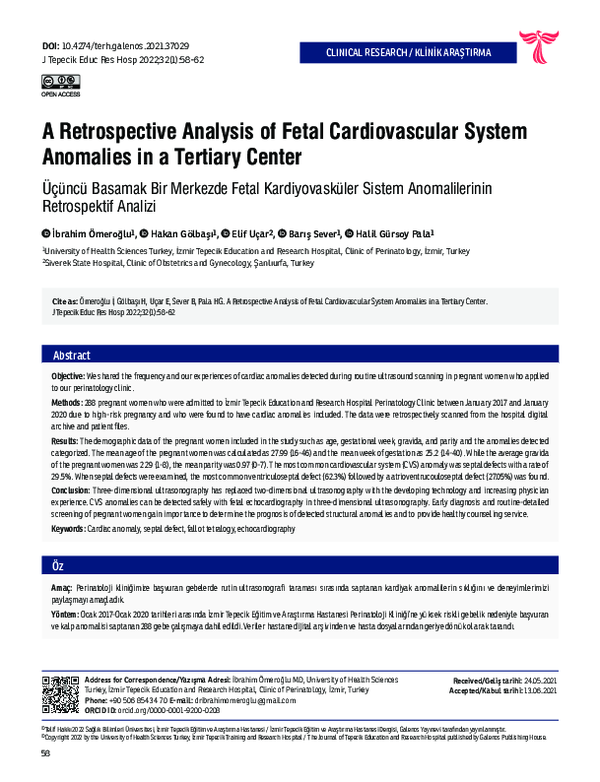 (PDF) A Retrospective Analysis of Fetal Cardiovascular System Anomalies in a Tertiary Center