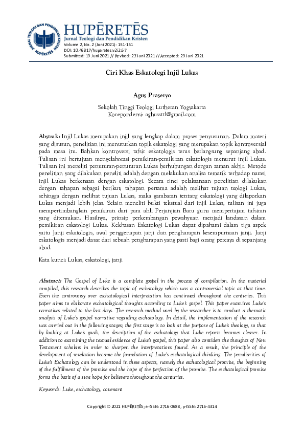 (PDF) Ciri Khas Eskatologi Injil Lukas