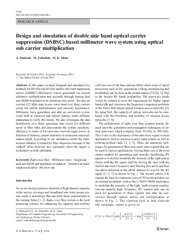Pdf Design And Simulation Of Double Side Band Optical Carrier Suppression Dsbsc Based