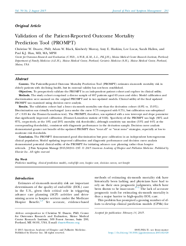Pdf Validation Of The Patient Reported Outcome Mortality Prediction