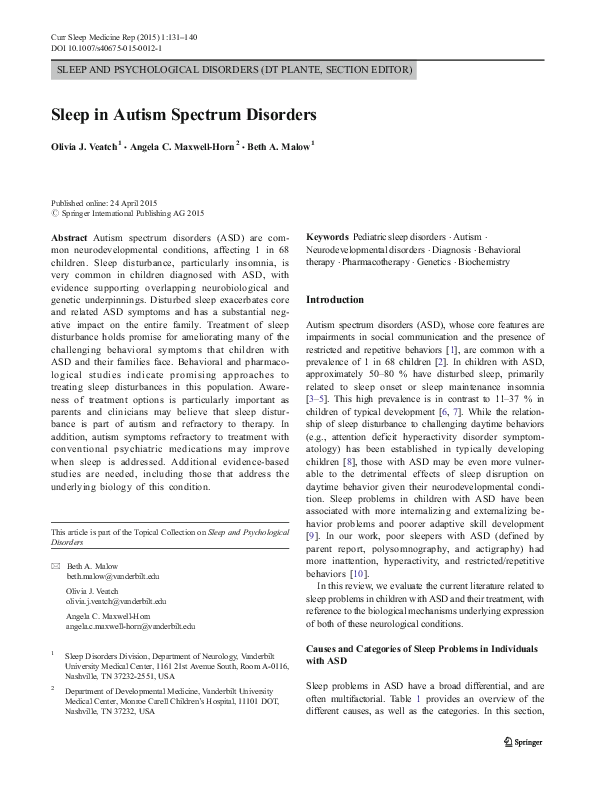 (PDF) Sleep in Autism Spectrum Disorders