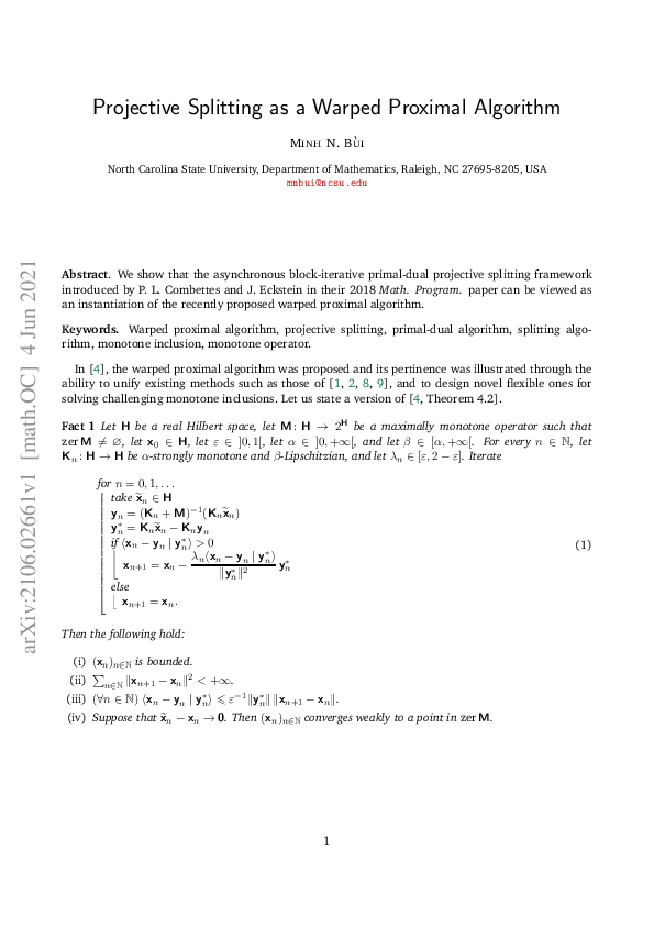 (PDF) Projective Splitting as a Warped Proximal Algorithm (PDF) Projective Splitting as a Warped Proximal Algorithm