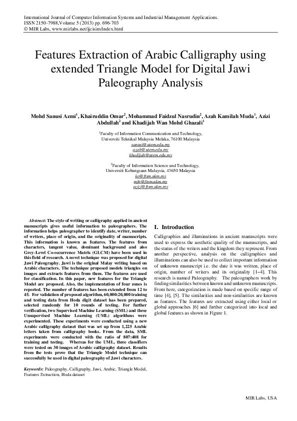 (PDF) Features Extraction of Arabic Calligraphy using extended Triangle Model for Digital Jawi ...