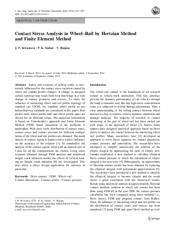 (PDF) Contact Stress Analysis in Wheel–Rail by Hertzian Method and Finite Element Method