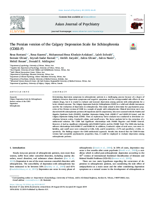 (PDF) The Persian version of the Calgary Depression Scale for ...