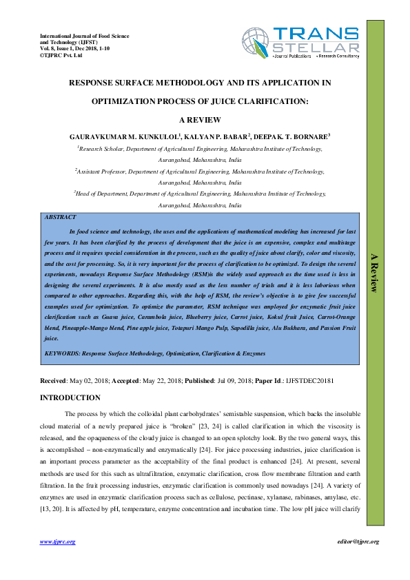(PDF) Response Surface Methodology and Its Application in Optimization Process of Juice ...