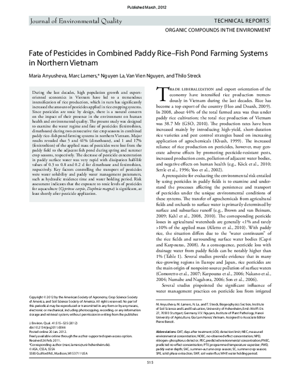 (PDF) Fate of pesticides in combined paddy rice-fish pond farming ...