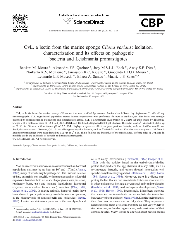 (PDF) CvL, a lectin from the marine sponge Cliona varians: Isolation ...