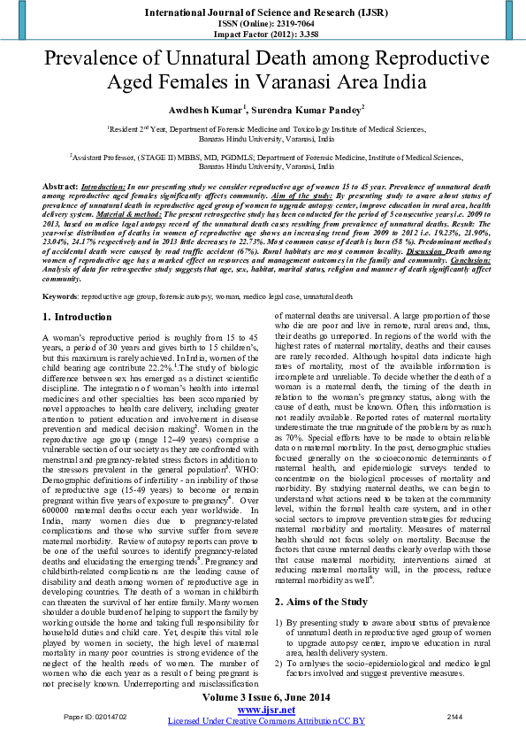 (PDF) Prevalence of Unnatural Death among Reproductive Aged Females in ...