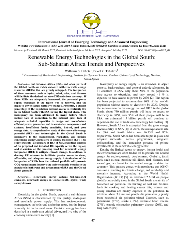 (PDF) Renewable Energy Technologies in the Global South: Sub-Saharan Africa Trends and Perspectives