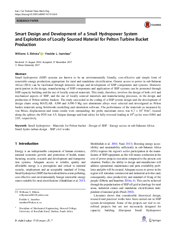Pdf Smart Design And Development Of A Small Hydropower System And Exploitation Of Locally