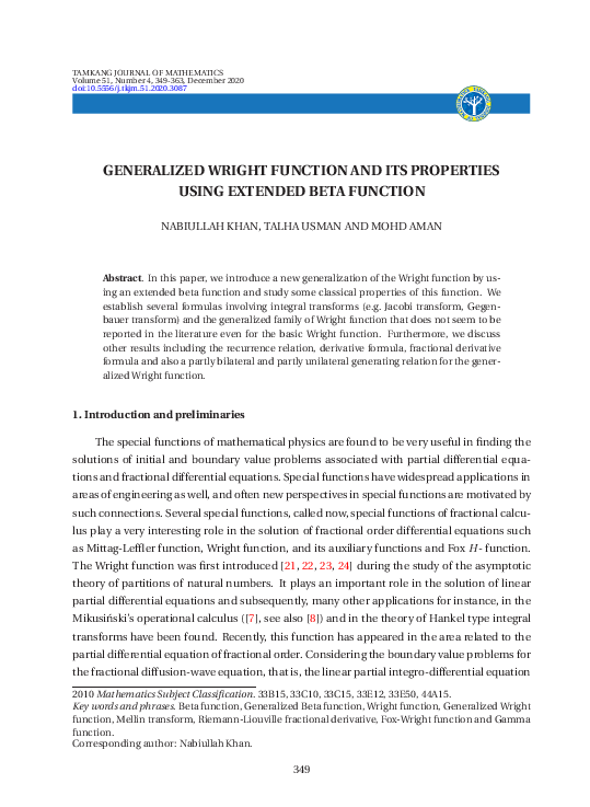 (PDF) Generalized Wright Function and Its Properties Using Extended ...