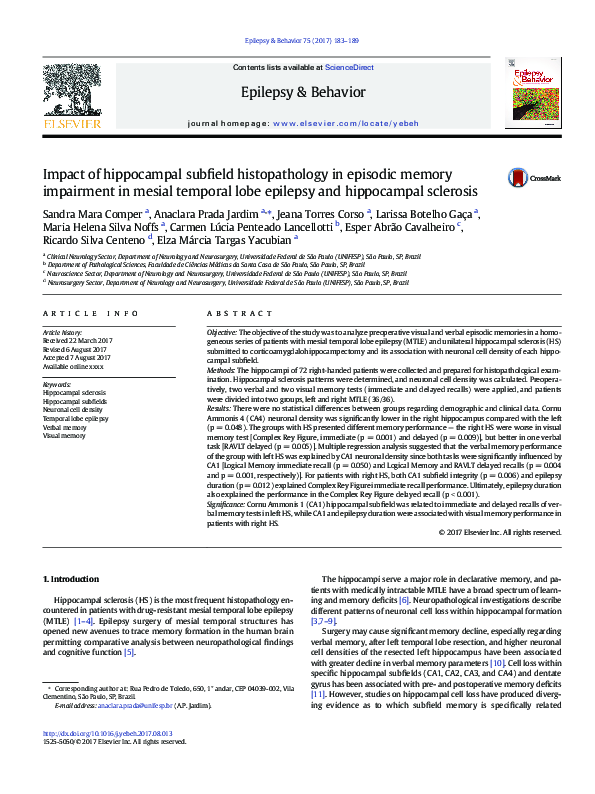 (PDF) Impact of hippocampal subfield histopathology in episodic memory impairment in mesial ...