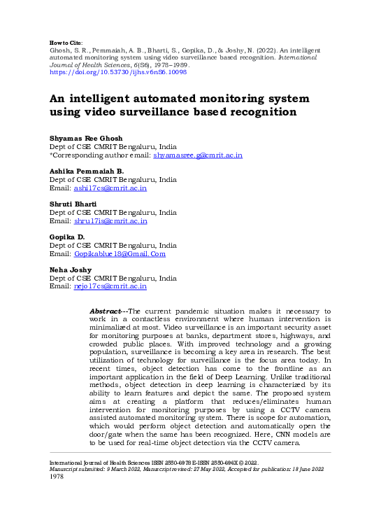 Pdf Intelligent Automated Monitoring System Using Video Surveillance Based Recognition