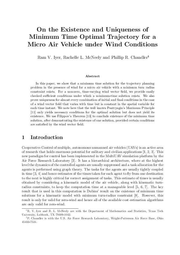 (PDF) On the Existence and Uniqueness of Minimum Time Optimal Trajectory for a Micro Air Vehicle ...