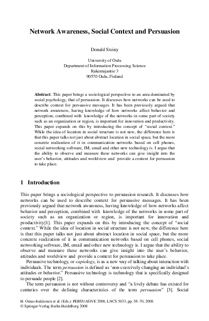 (PDF) Network Awareness, Social Context and Persuasion