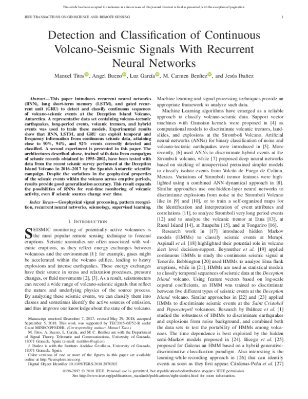 Pdf Classifying Volcano Seismic Signals With Rnns 