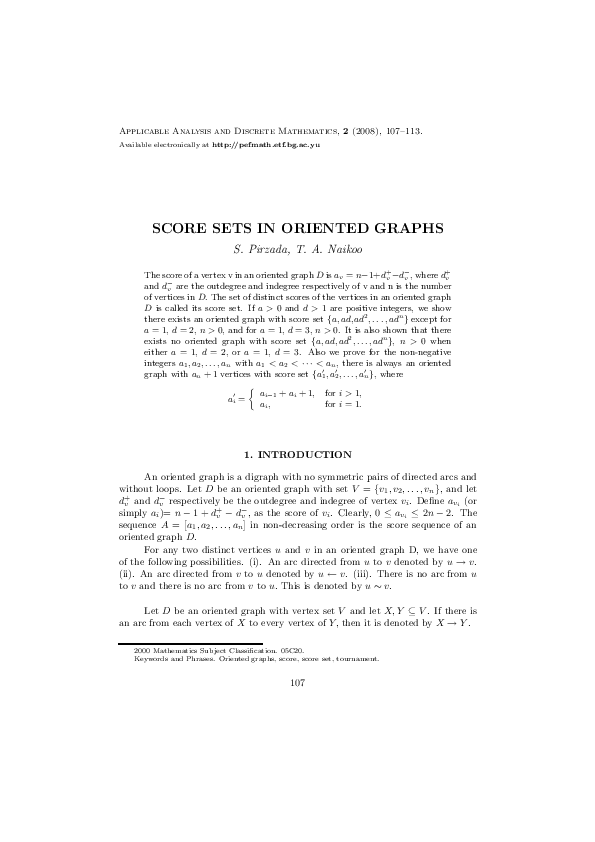 (PDF) Score sets in oriented graphs