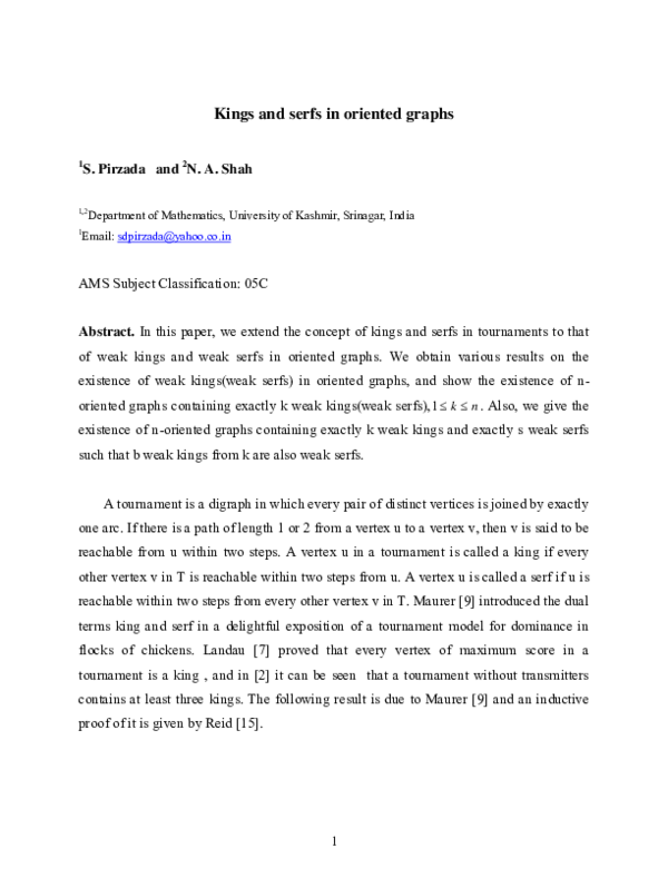 (PDF) Kings and serfs in oriented graphs
