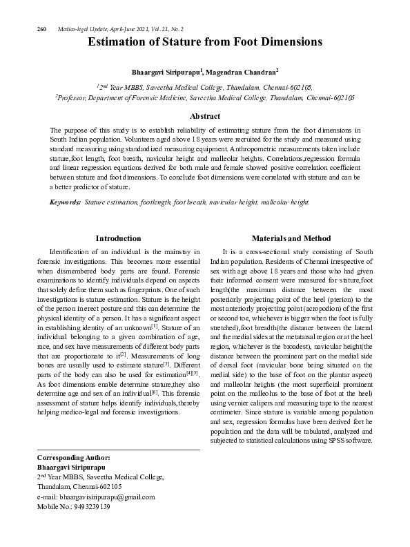 Pdf Estimation Of Stature From Foot Dimensions