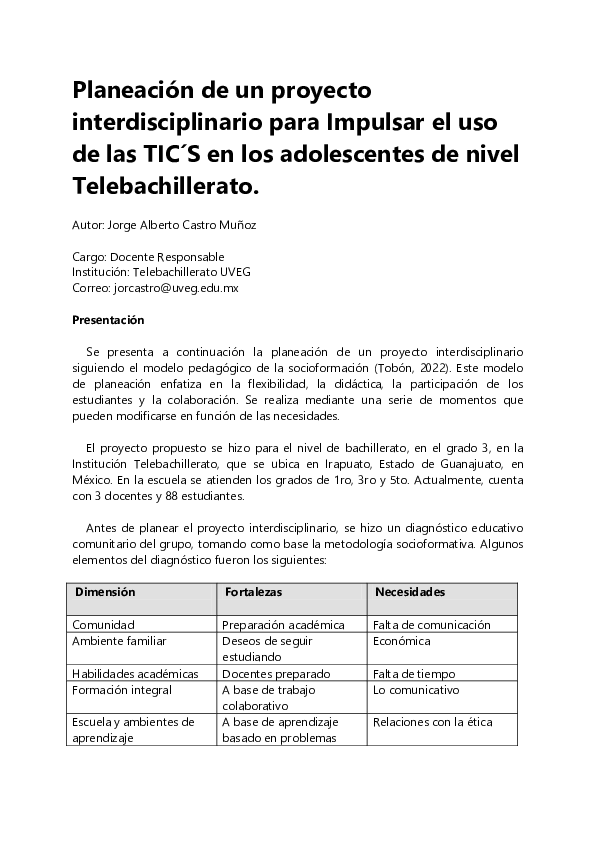 (PDF) Planeación de un proyecto interdisciplinario para Impulsar el uso de las TIC´S en los ...