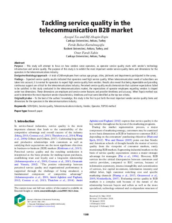 (PDF) Tackling service quality in the telecommunication B2B market