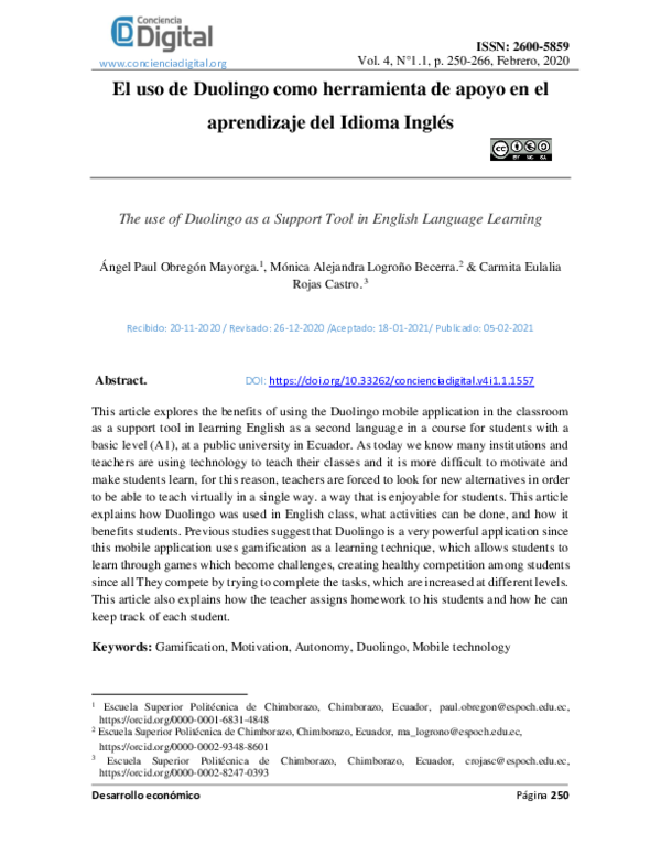 (PDF) El uso de Duolingo como herramienta de apoyo en el aprendizaje del Idioma Inglés