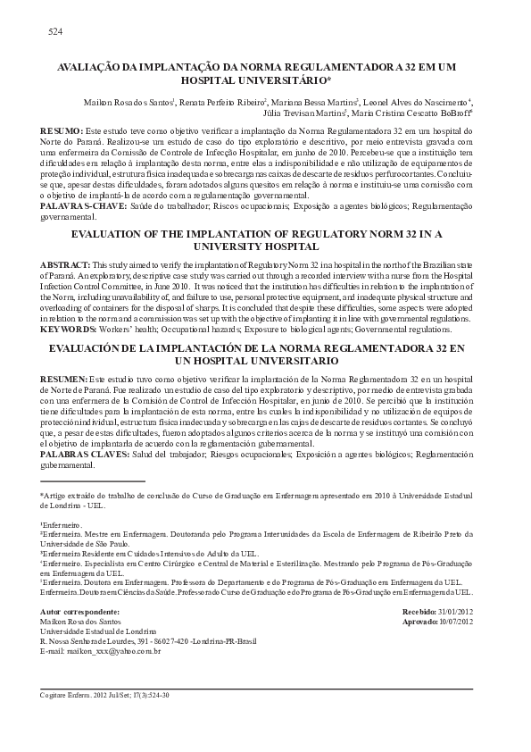 (PDF) Avaliação Da Implantação Da Norma Regulamentadora 32 Em Um ...