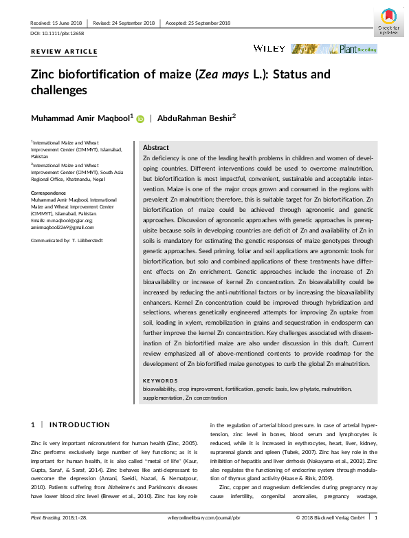 (PDF) Zinc biofortification of maize (Zea maysL.): Status and challenges