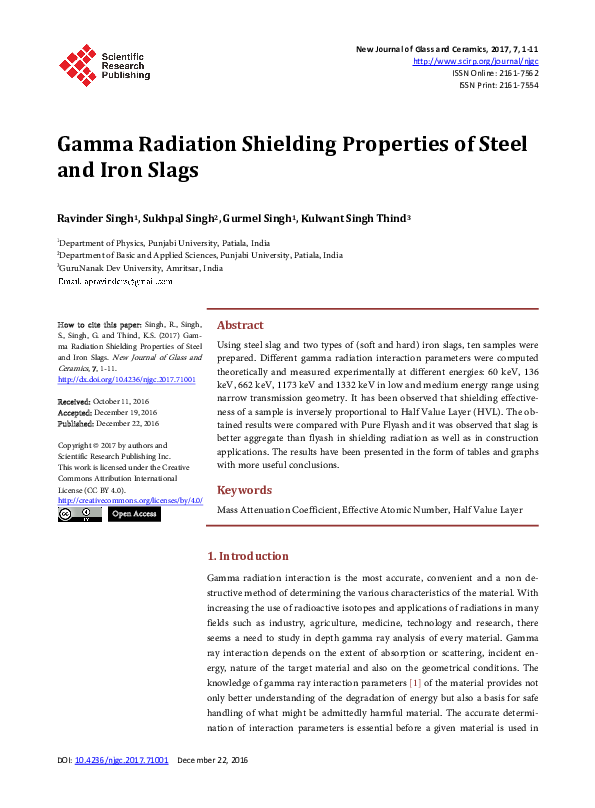 (PDF) Gamma Radiation Shielding Properties of Steel and Iron Slags