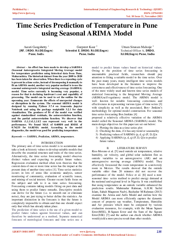 Pdf Time Series Prediction Of Temperature In Pune Using Seasonal Arima Model