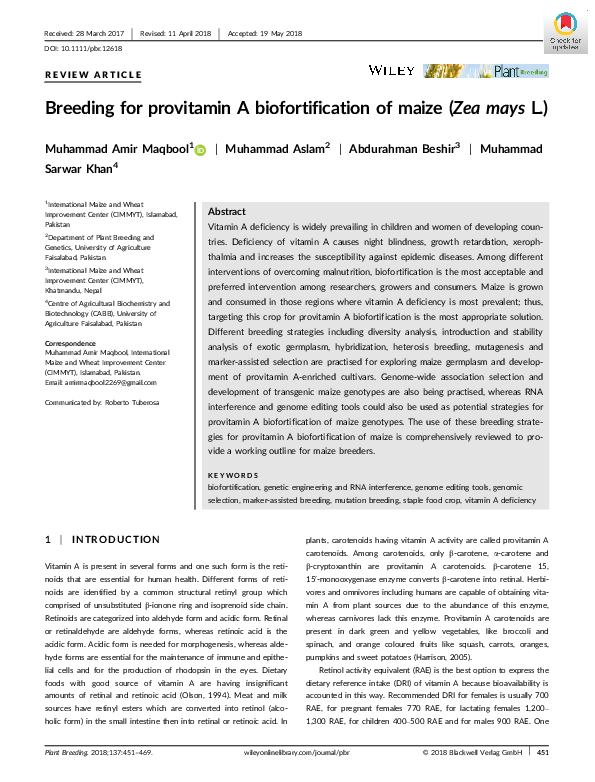 (PDF) Breeding for provitamin A biofortification of maize (Zea maysL ...